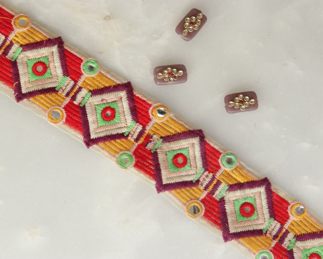 Red Yellow Checks Embroidered Trim,multicolour Embroidered Border,white ...