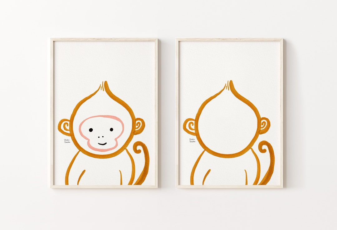 Monkey Line Print Set of 2, Animal Print Line Drawing, Nursery ...