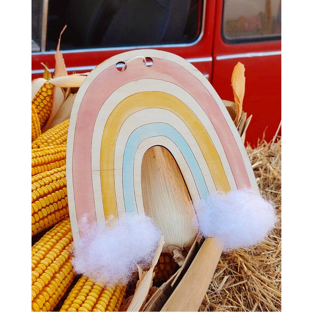 Hand Painted Wooden Rainbow Wall Hanging With Clouds - Etsy