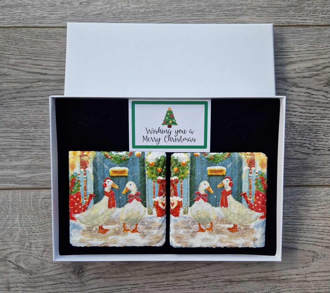 Christmas Geese Couple Slate Coasters, With Optional Gift Box Single or ...