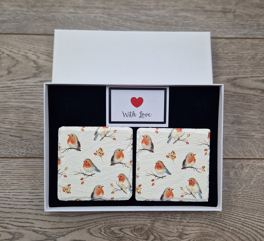 Robin Slate Coasters, Robin Gifts, With Optional Gift Box, Red White ...