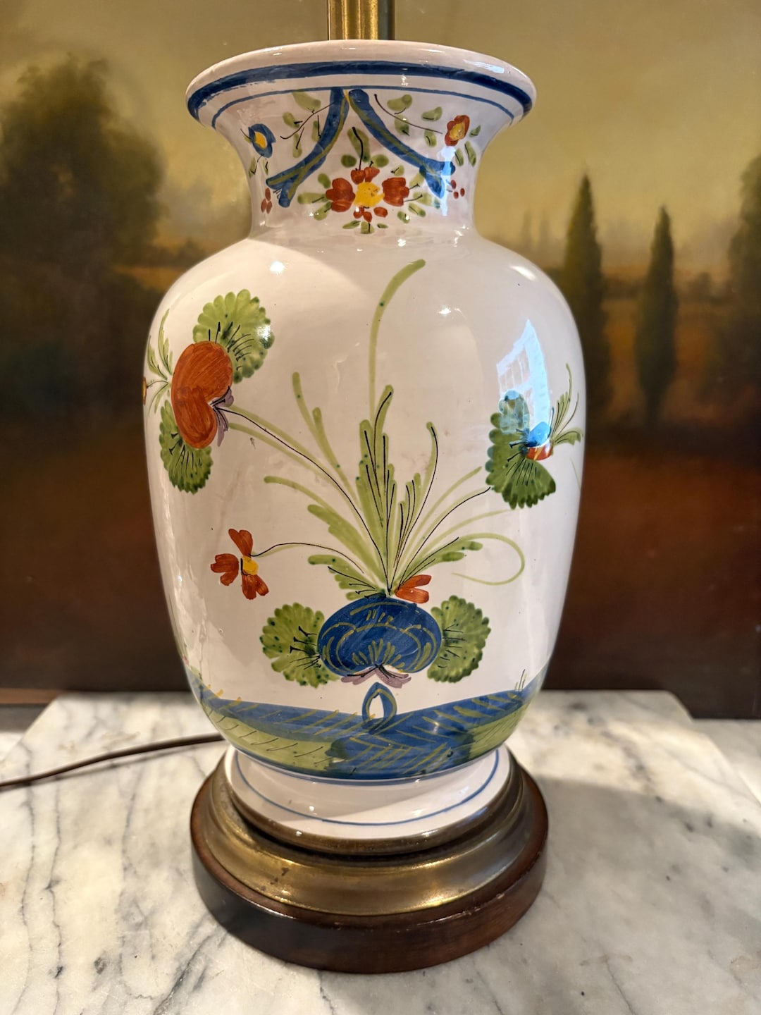 Vintage Quimper Faience Table Lamp / White Ceramic - Stylized Flowers ...