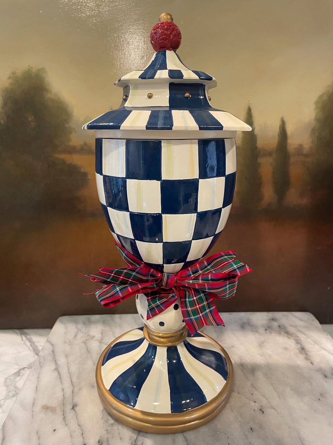 Mackenzie Childs Courtly Lidded Urn - Large / Blue Check + Red Tartan ...