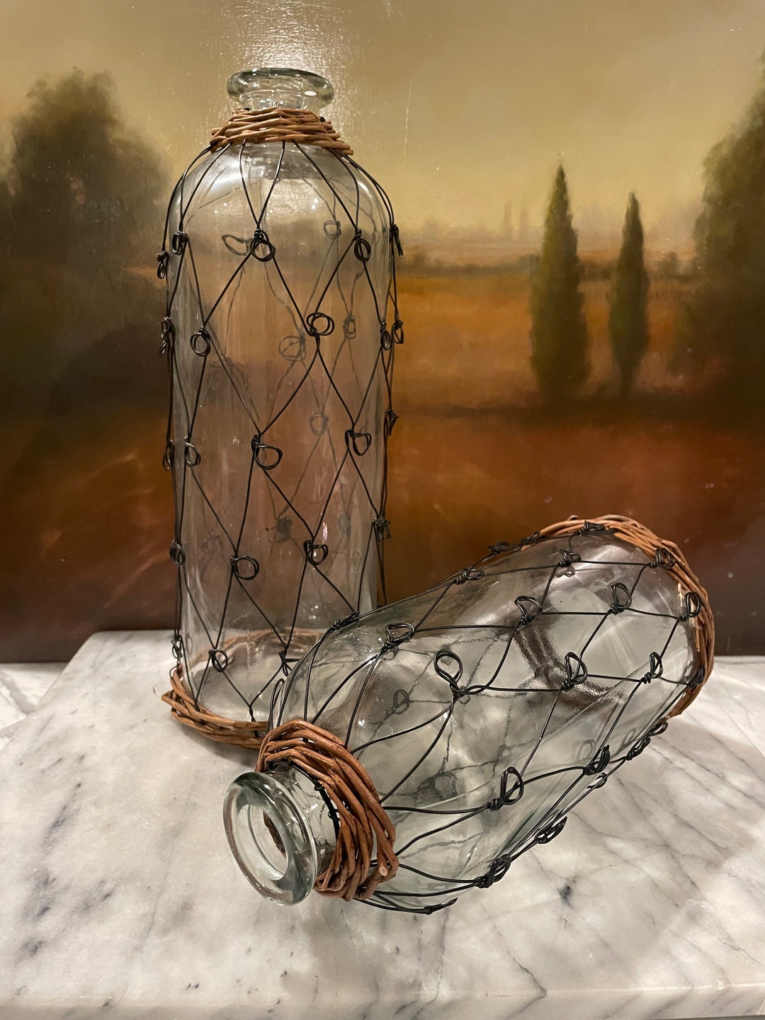 Pair Tall Vintage Wire and Wicker Wrapped Bottles / French Style Wire ...