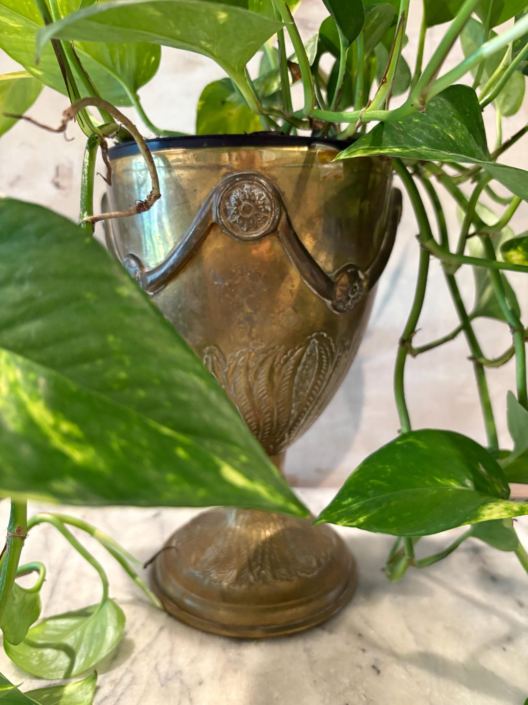 Vintage Brass Footed Cachepot Planter by Nora Fenton / Repousse Feather ...