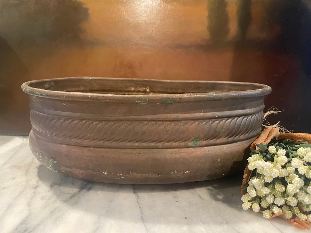 Vintage Solid Copper Oval Cachepot + Repousse Trim + Rolled Edge ...