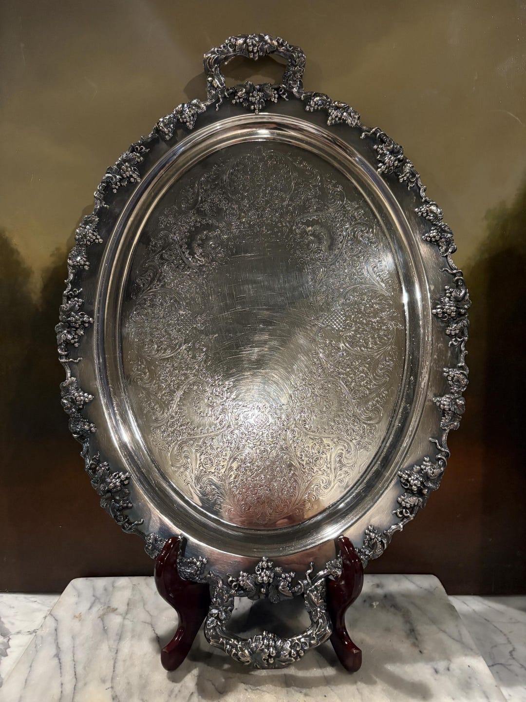 Ornate Oval Silver Butlers Tray With Grapevine Clusters / Footed ...