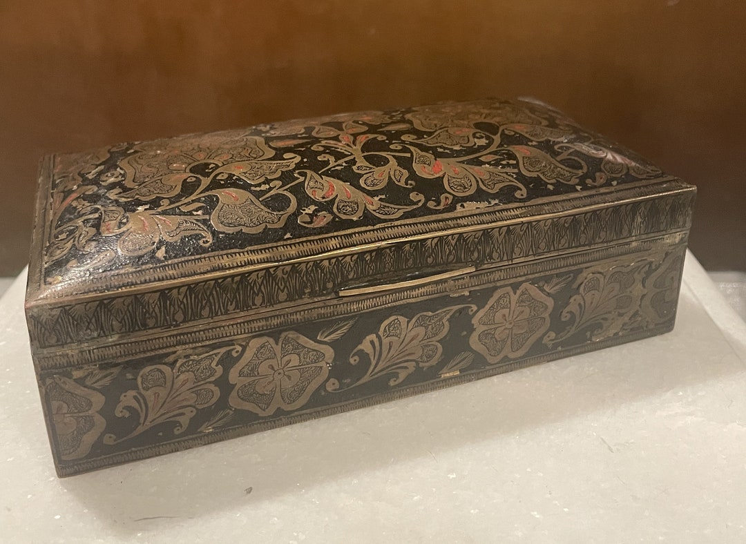 Early 20th C. Benares Ware Brass and Enamel Box / Cigar, Trinket ...