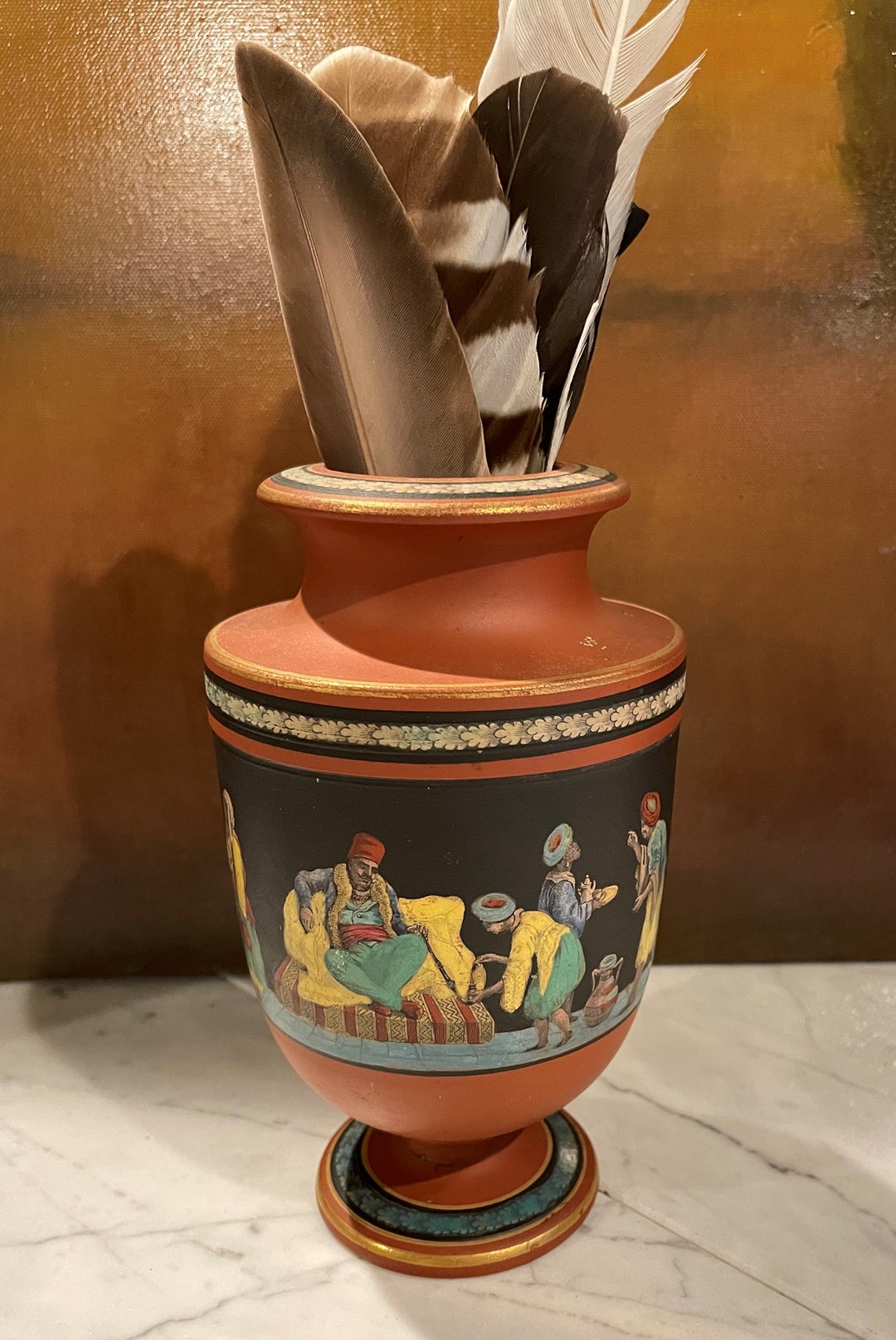 19th C. Antique Pratt Ware Vase / Molded Terracotta / Gilt + Enamel ...