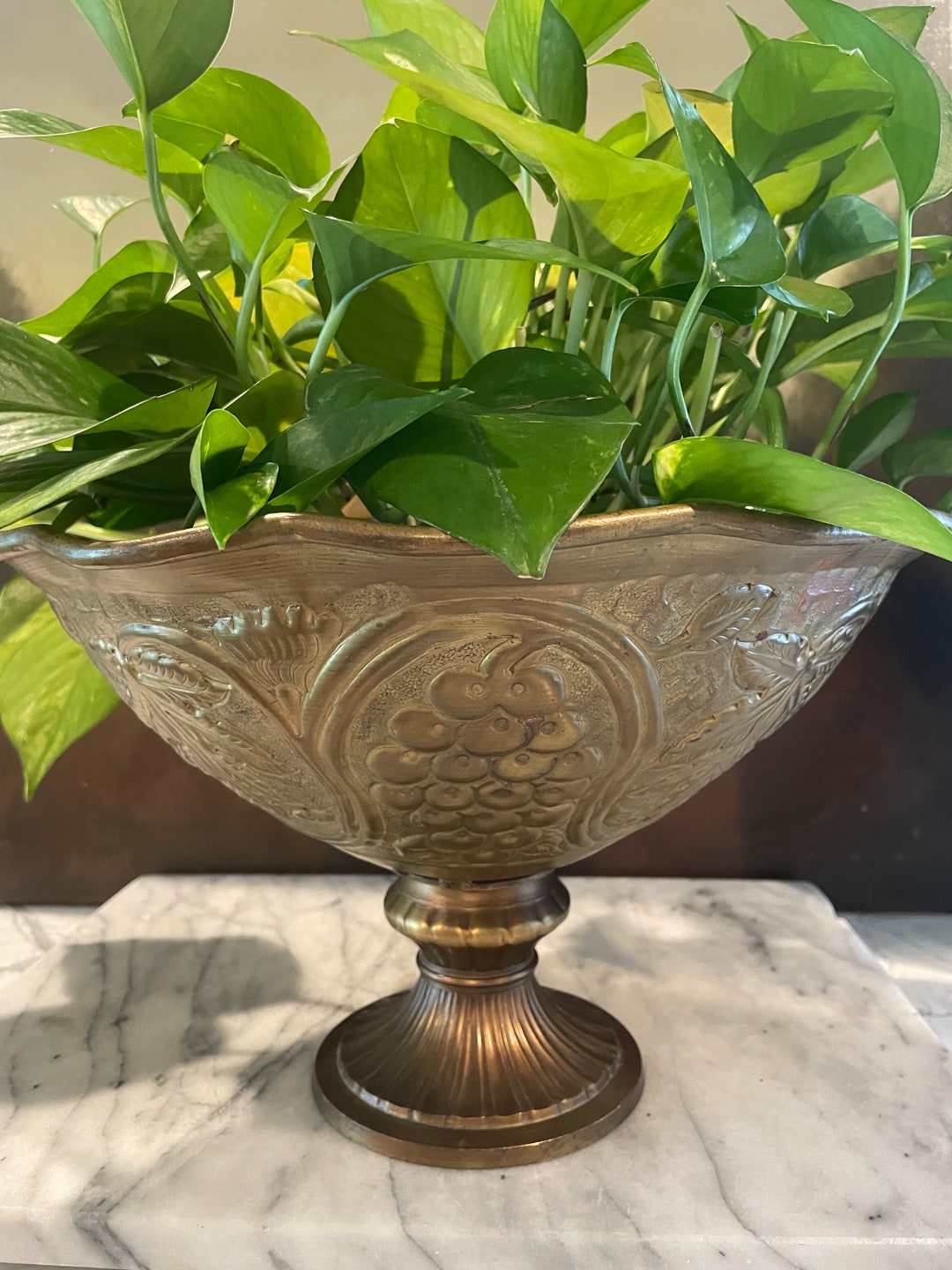 Vintage Hammered Brass Footed Cachepot Planter / Repousse Grapevine ...