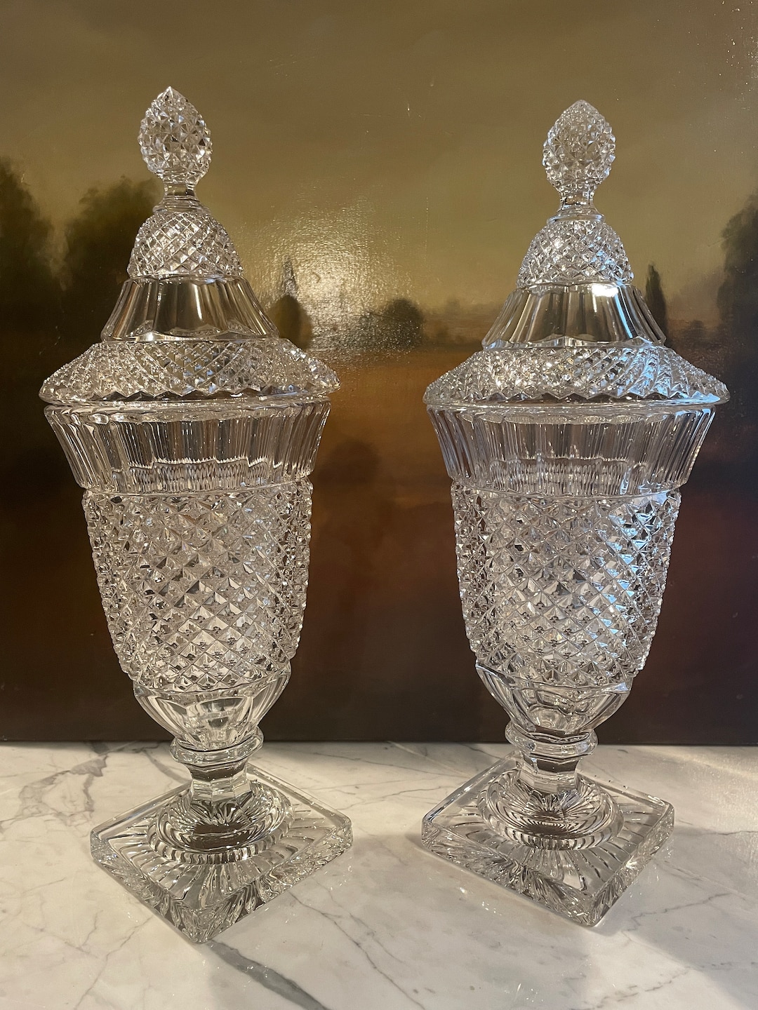Pair of Large Miss America Pattern / Footed Mantel Urns or Candy Jars ...