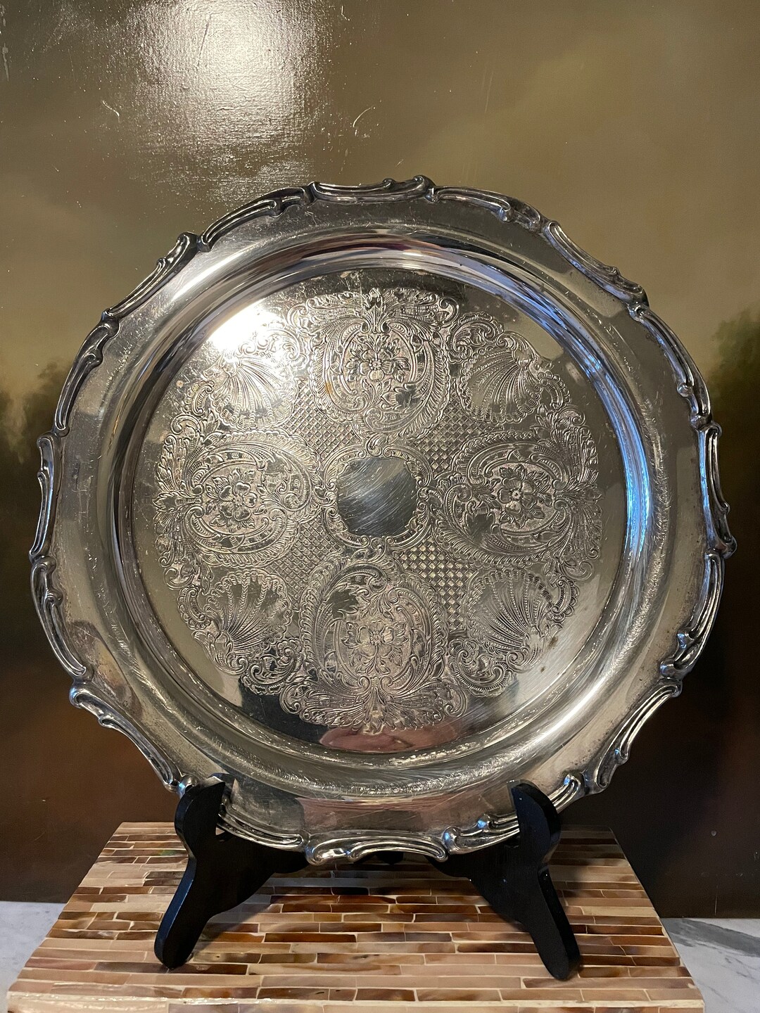 14" Silver Serving Tray With Shell and Floral Motifs. / Pretty Scroll ...