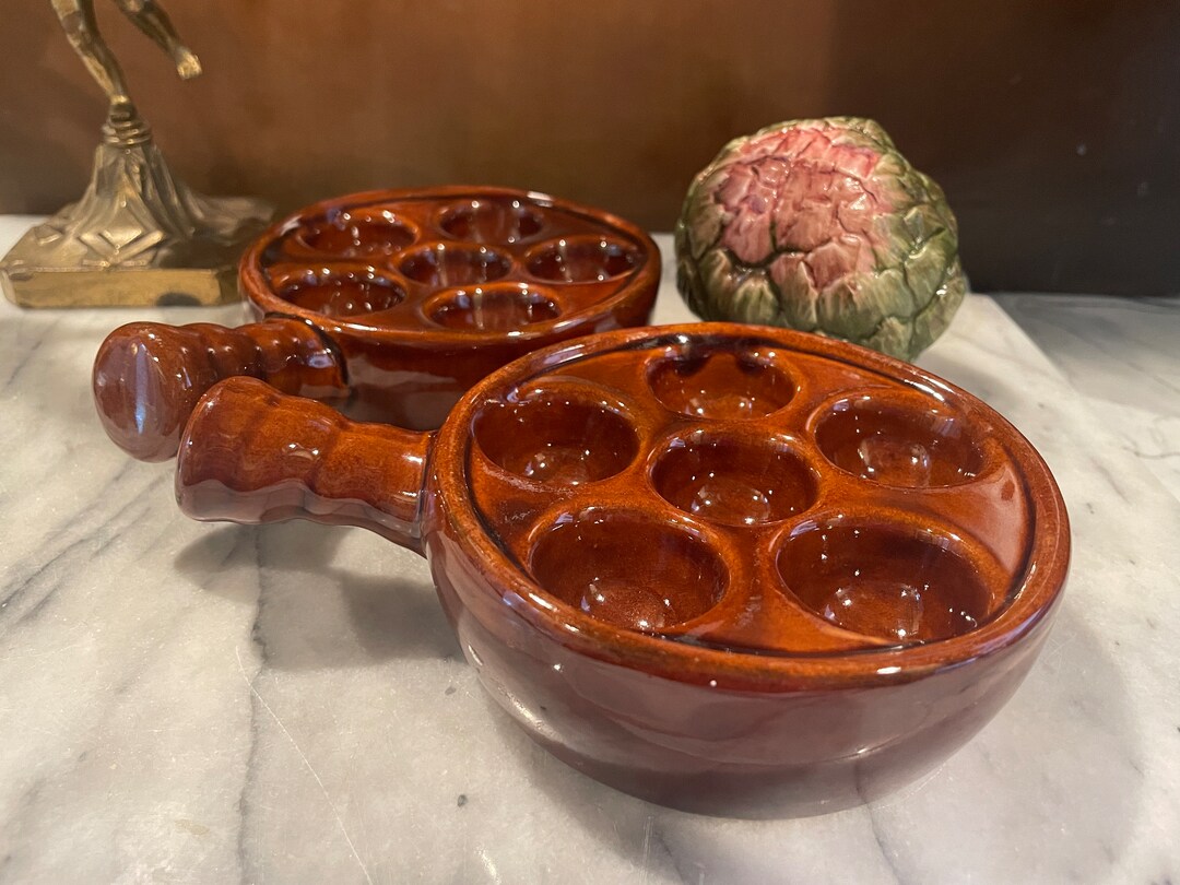 Pair of Escargot Dishes on a Brown Glaze / Oven to Table / Porcelain ...