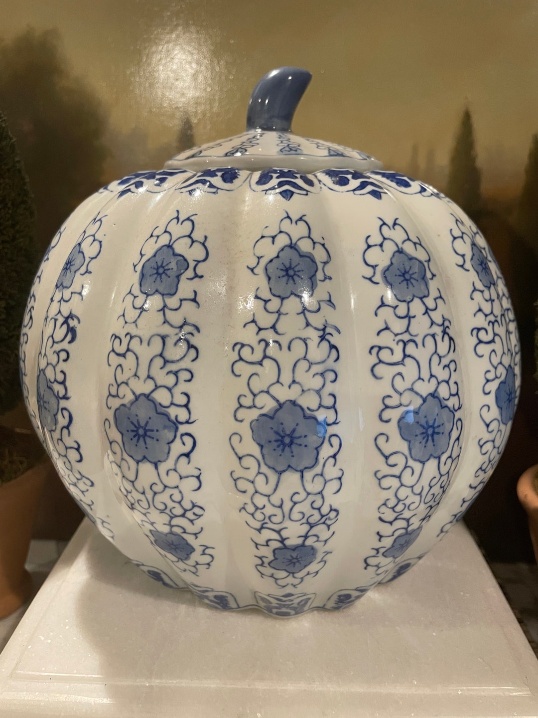 Vintage Chinese Blue + White Pumpkin Ginger Jar With Stem Lid / 10 ...