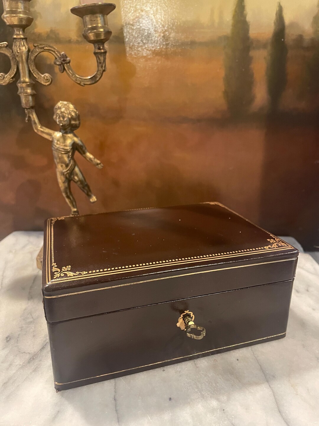 Florentine Gold Embossed Leather Jewelry Box Key / Red Velvet Lined ...