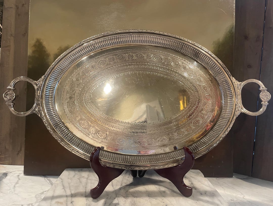 Vintage Oval Silver Butlers Tray With Handles / 25 Wide / Ornate Tea ...