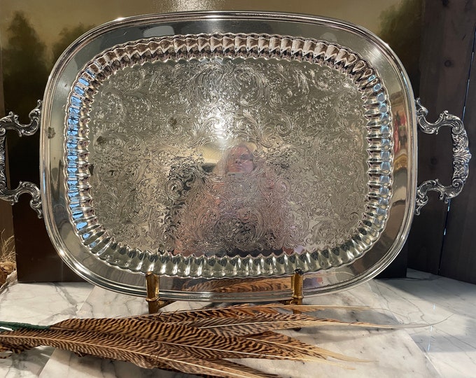 Large Vintage Rectangular Silver Butlers Tray / Etched "m" / Monogram ...
