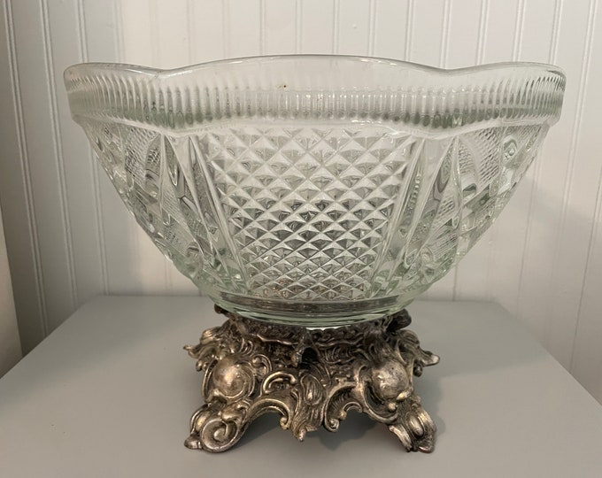 Grand Scale Pressed Glass Punch Bowl on Baroque Silver Stand / Cross ...