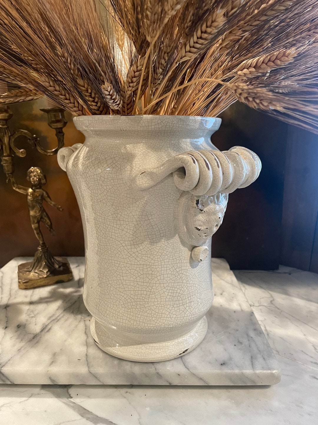 Italian Majolica Glazed Terra Cotta Vase W/ Coiled Handles and Lions ...