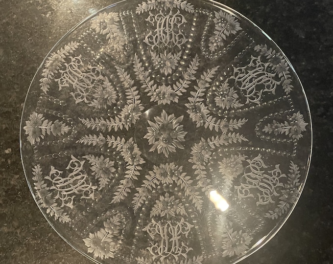 Antique Engraved Glass 8" Plate / Beautifully Monogrammed HKC / Late ...