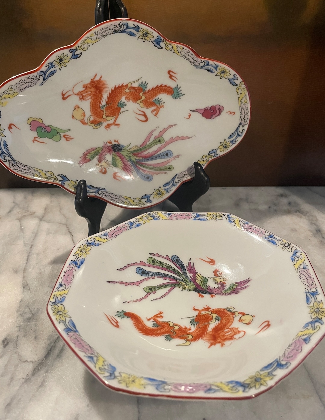 Set of 2 Vintage Dragon and Phoenix Pedestal Dumpling Dishes ...