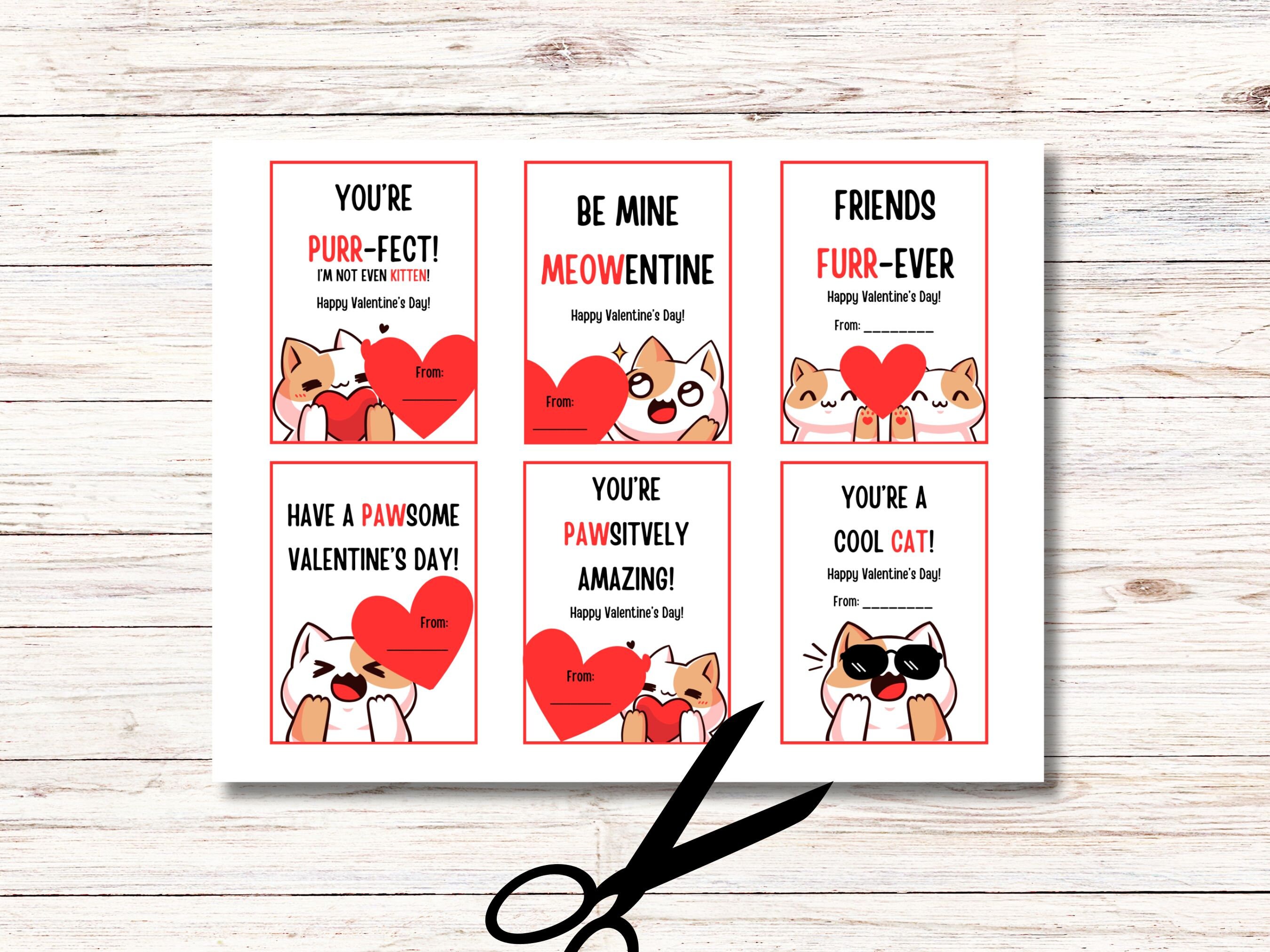 Printable Cat Valentines Day Cards for Kids, Classroom Valentines Cards ...