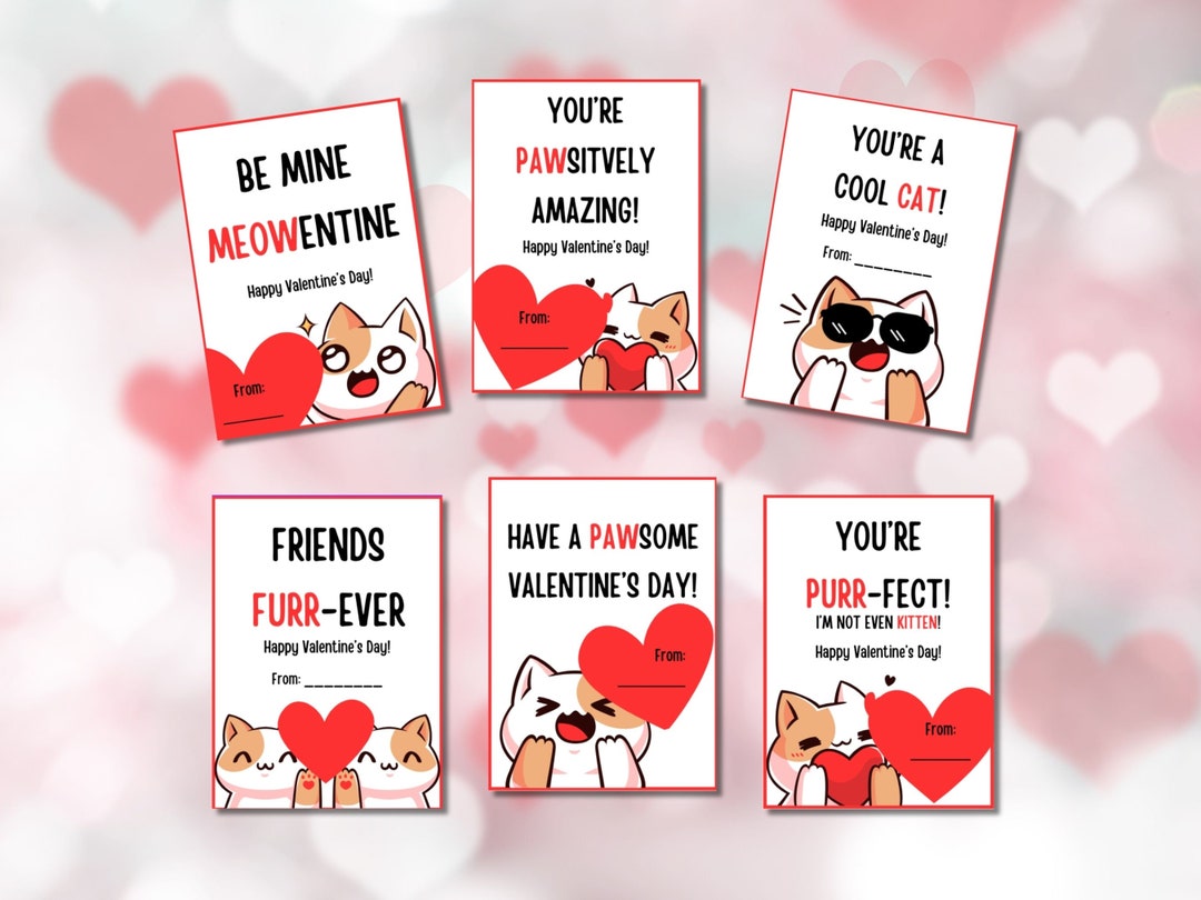 Printable Cat Valentines Day Cards for Kids, Classroom Valentines Cards ...
