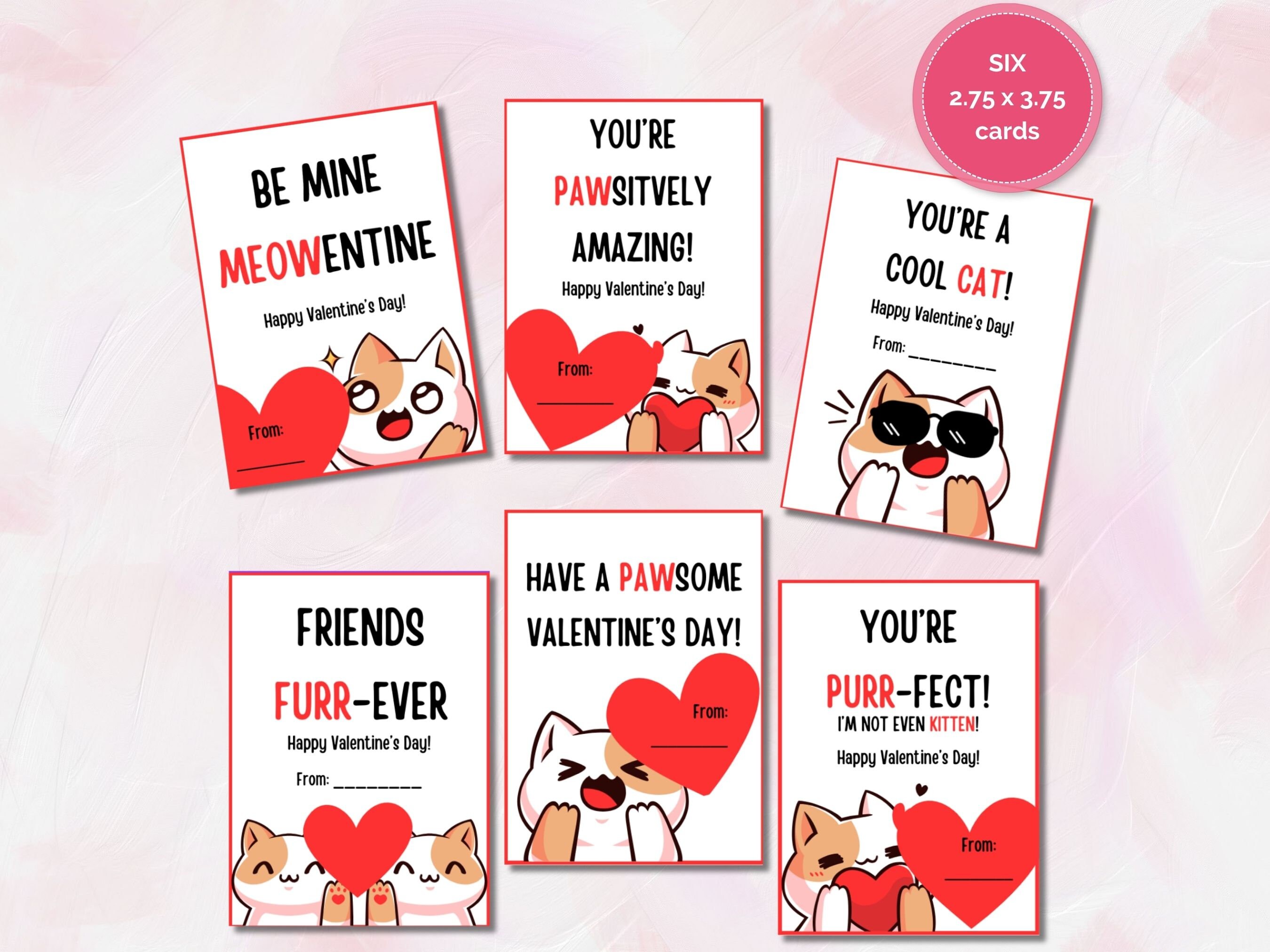 Printable Cat Valentines Day Cards for Kids, Classroom Valentines Cards ...