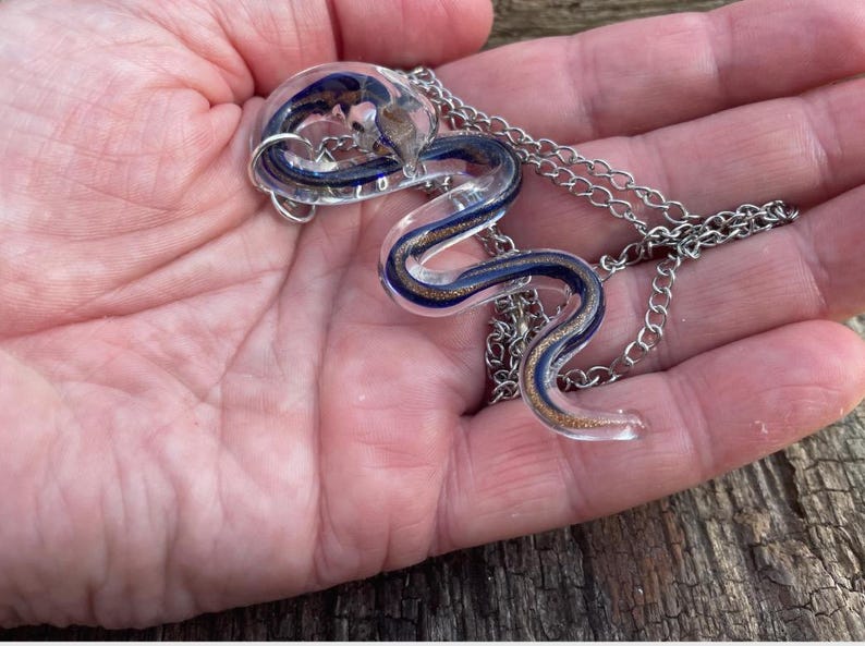 Blue Glass Snake Necklace, Glass Serpent Pendant, Glass Animal Necklace ...