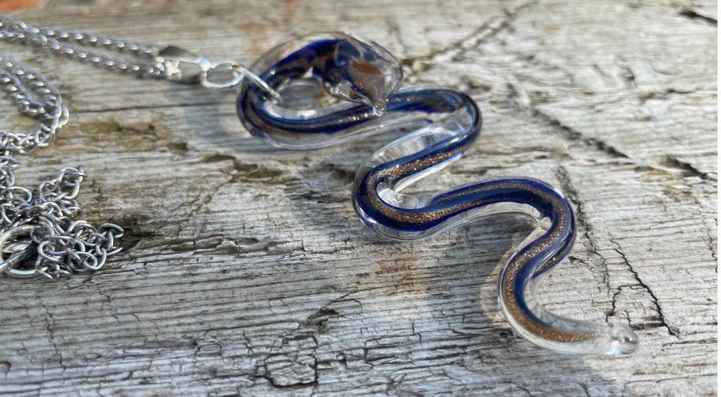Blue Glass Snake Necklace, Glass Serpent Pendant, Glass Animal Necklace ...