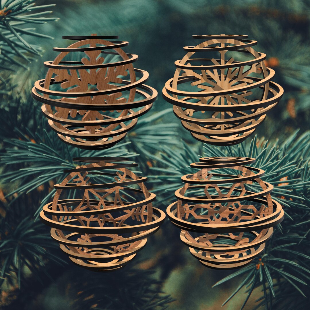 Set of 4 3D Wooden Snowflake Baubles, Layered Spiral Christmas ...