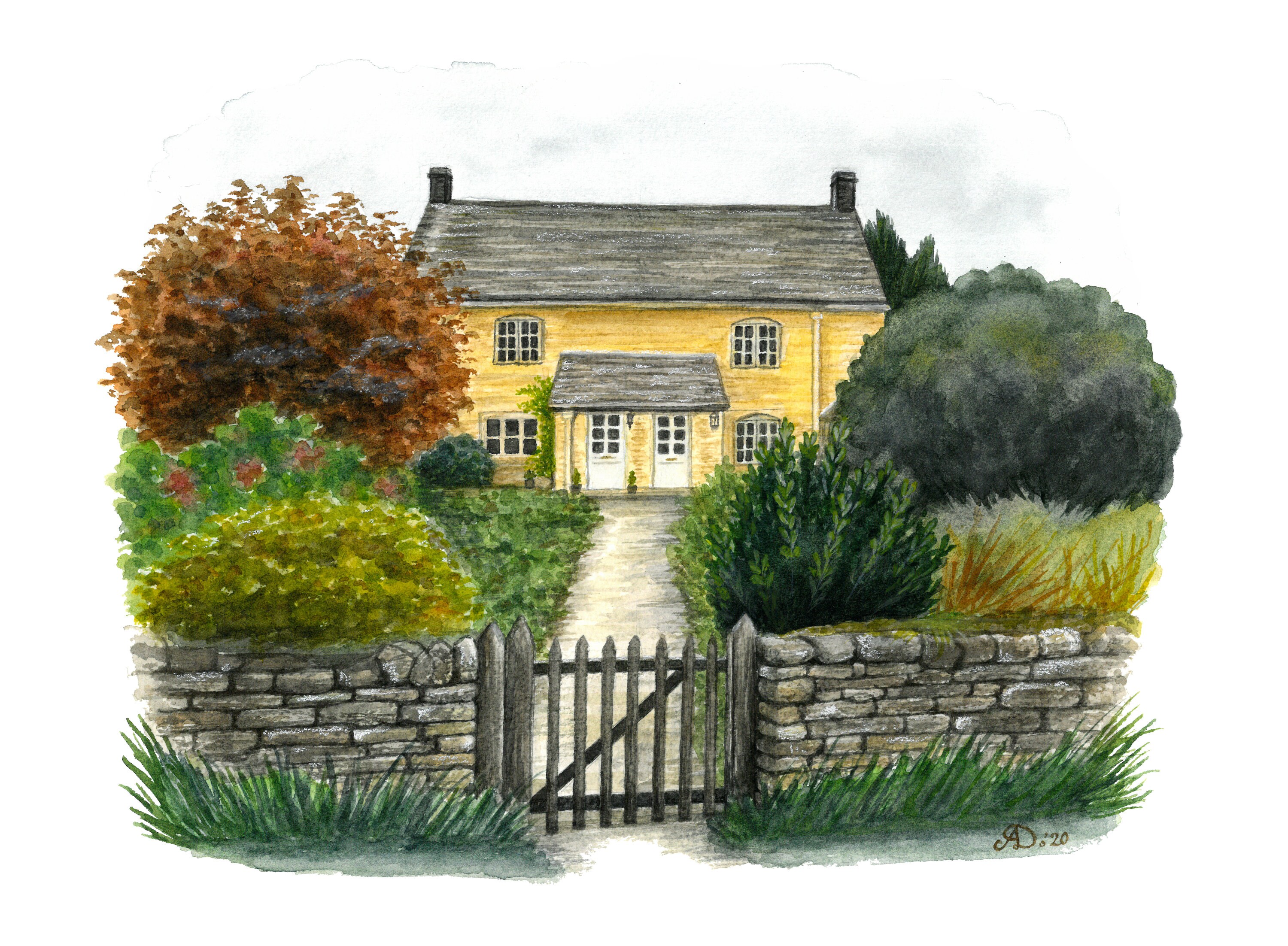 British Cottage Watercolor PRINT, Gloucestershire, Upper Slaughter ...
