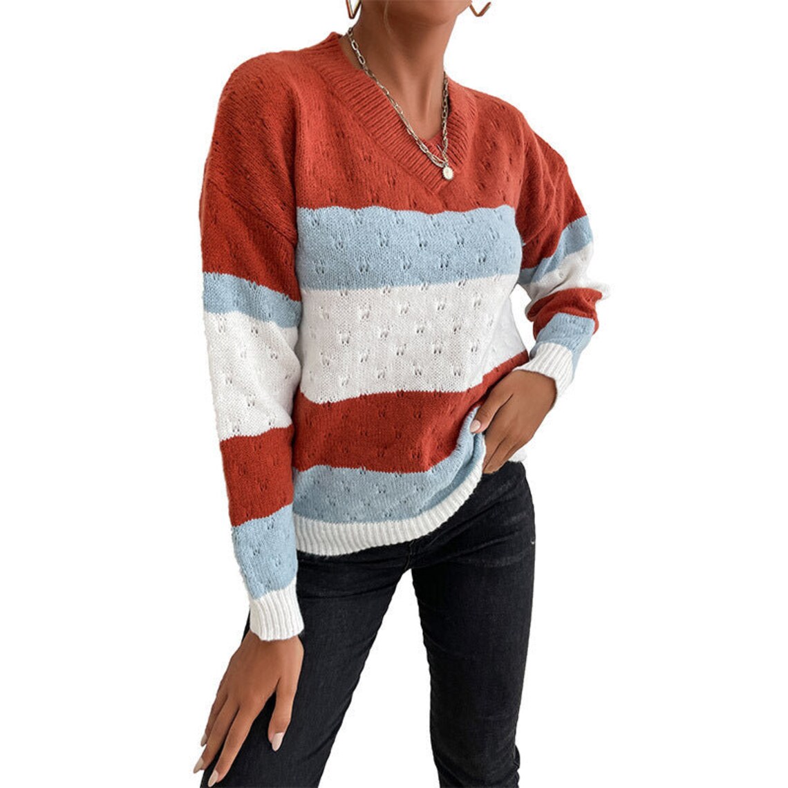 Color Matching Long Sleeve Loose Sweater for Women - Etsy