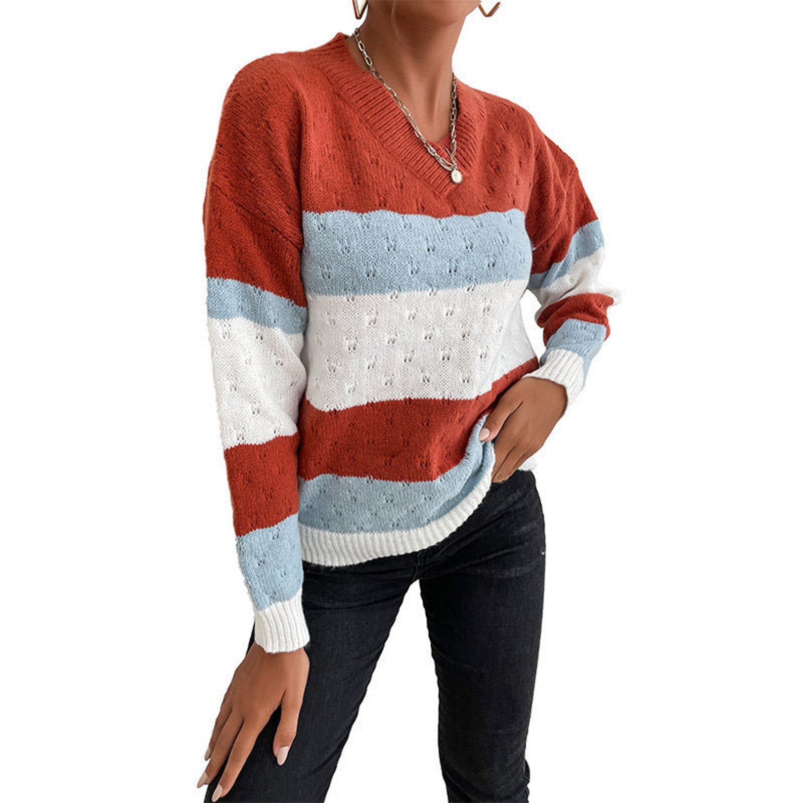 Color Matching Long Sleeve Loose Sweater for Women - Etsy