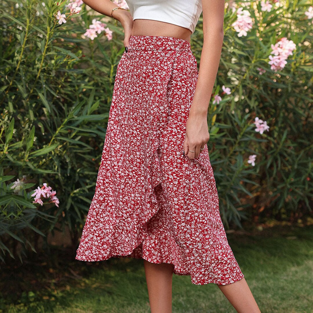 High Waist Ruffle Floral Skirt Red - Etsy