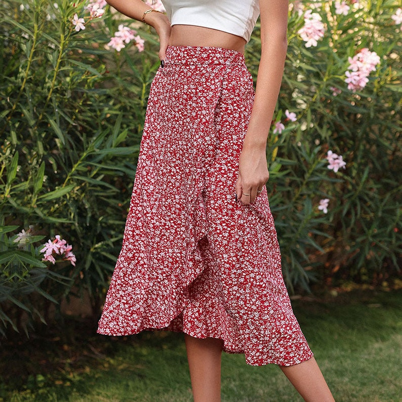 High Waist Ruffle Floral Skirt Red - Etsy