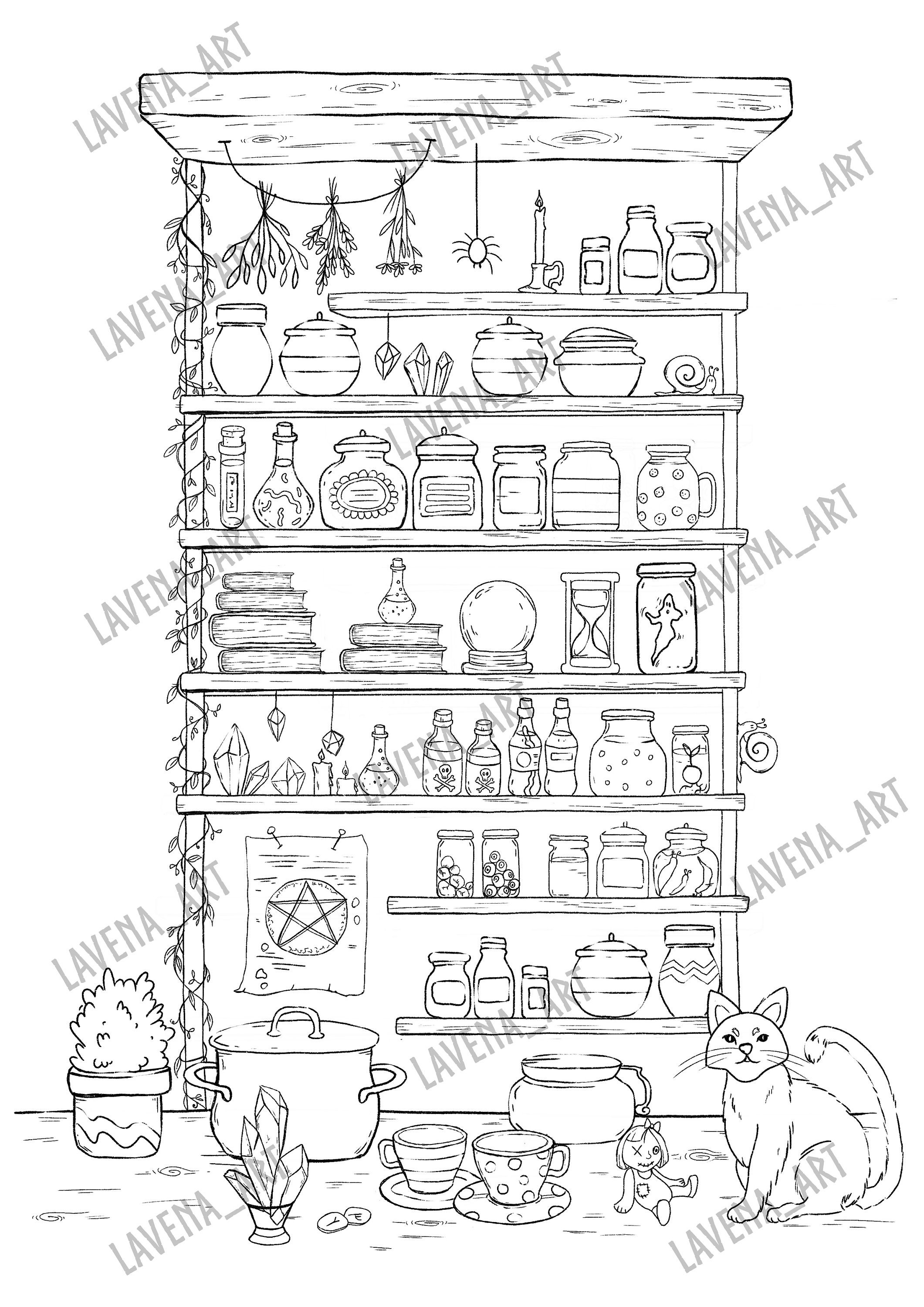 Cosy Coloring Page Hand Drawn Witchy Coloring Cute Witch - Etsy