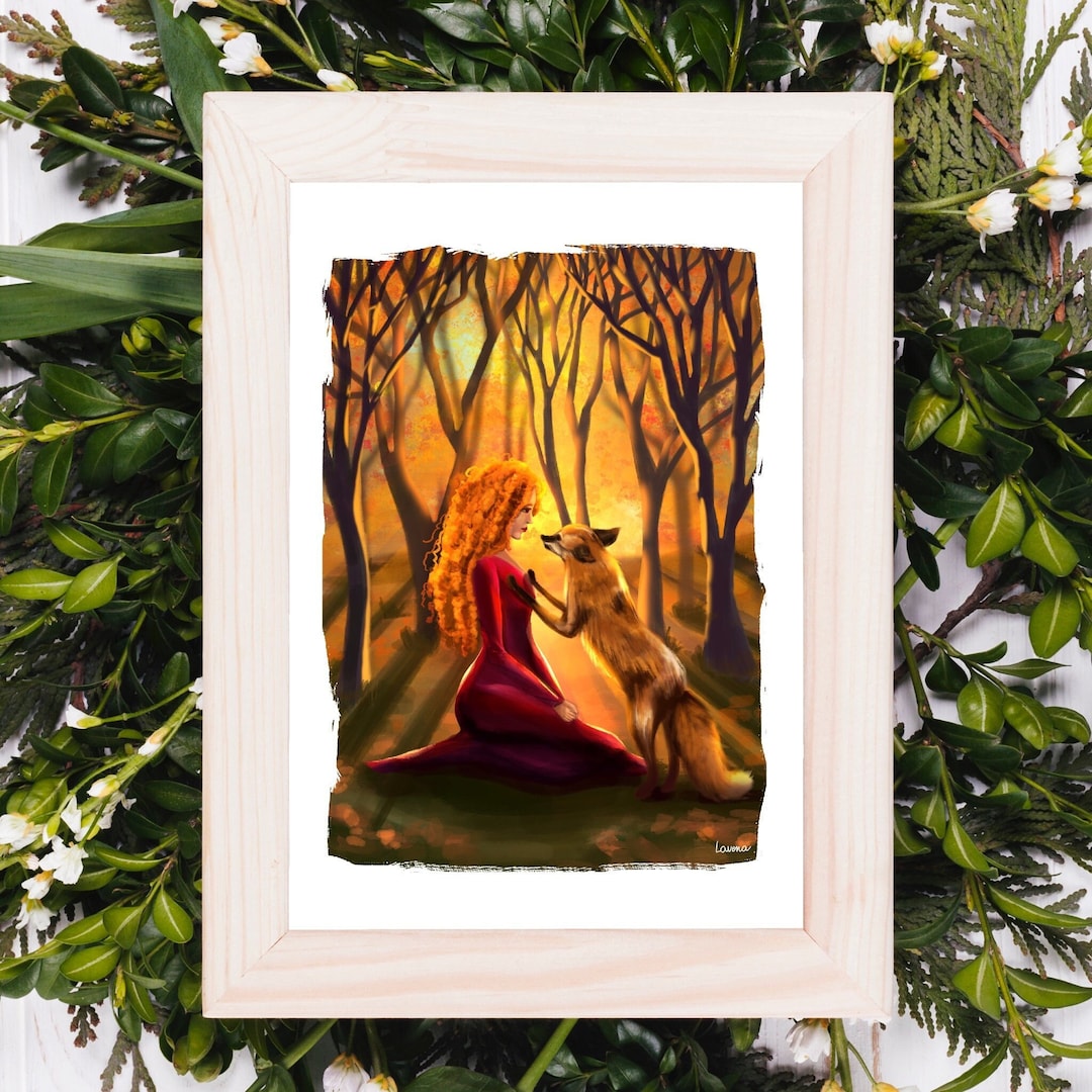 Whimsical Forest Illustration | Redhead Princess and the Fox Art | Fox ...