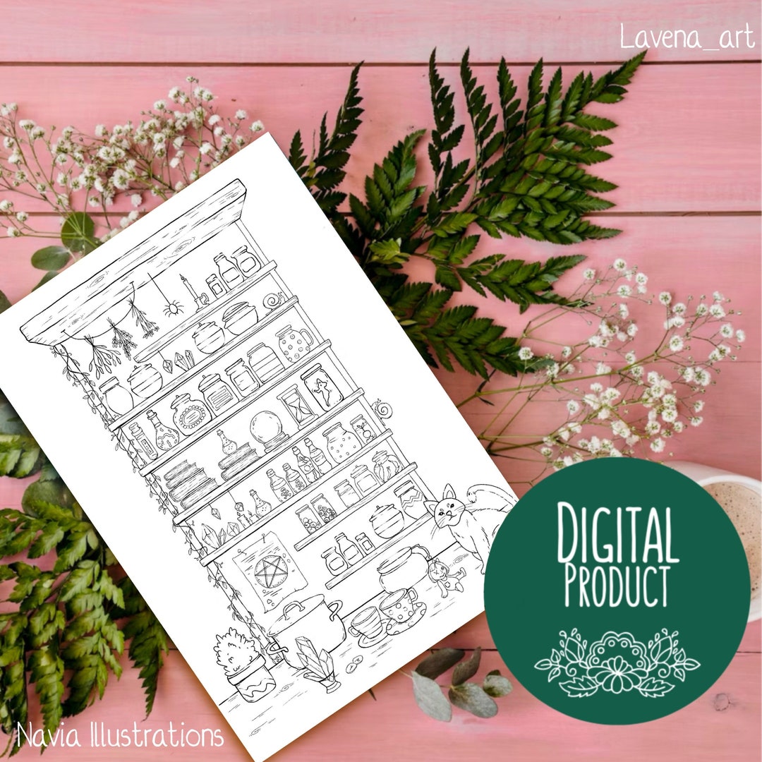 Cosy Coloring Page Hand Drawn Witchy Coloring Cute Witch Room Pagan Art ...