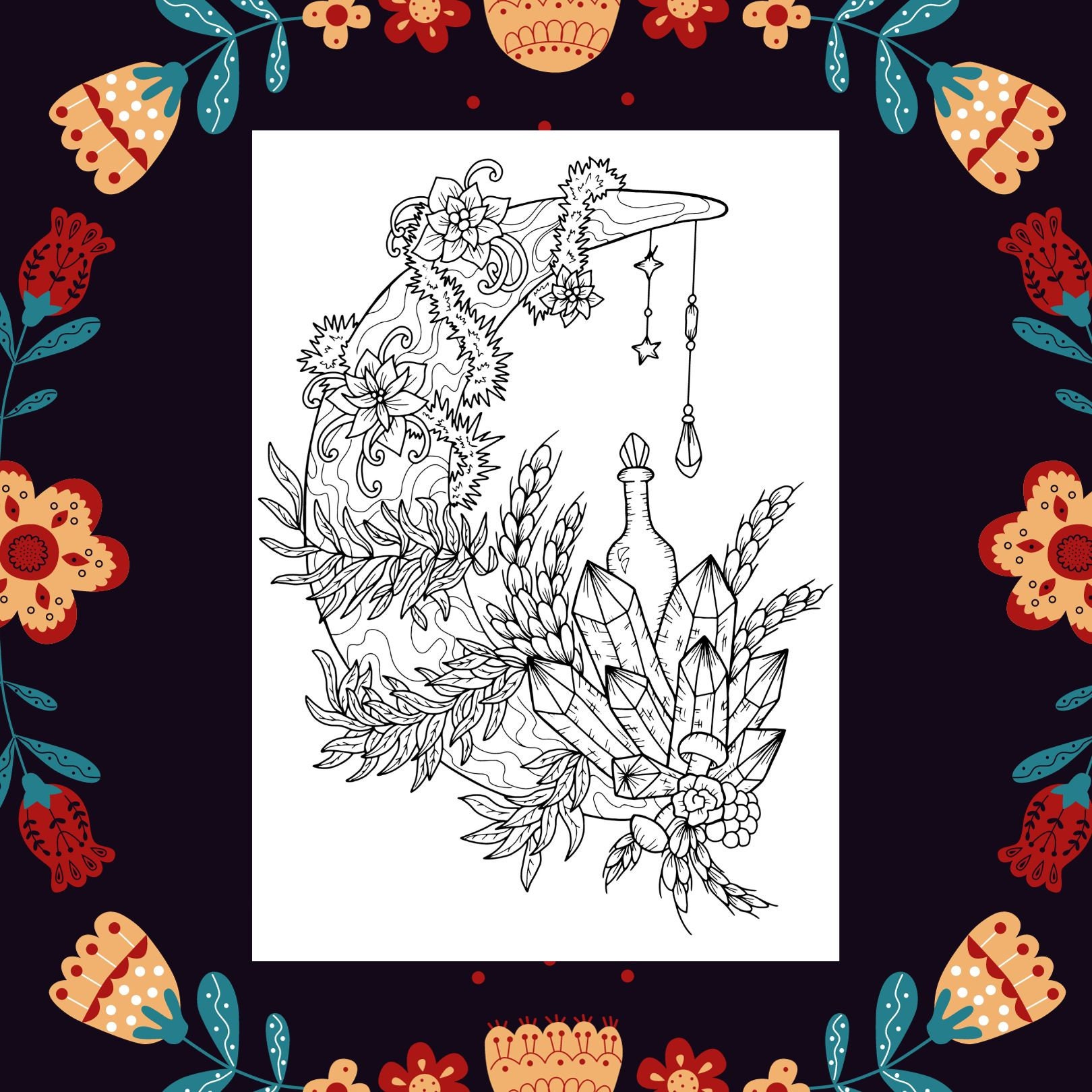 Witchy Coloring Page Magic Moon Coloring Crystals Colour - Etsy