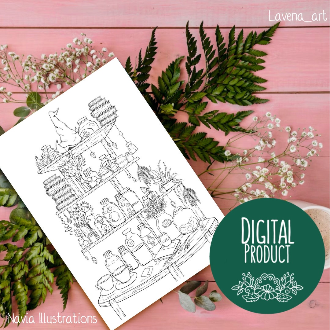 Cosy Coloring Page | Hand Drawn | Witchy Coloring | Cute Witch Room ...