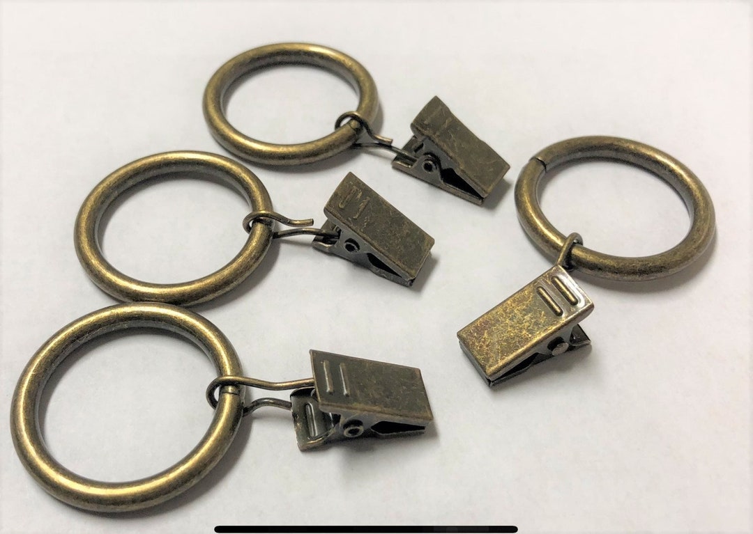 Antique Brass Cafe Rings With Clips, OR Black, Brass / Gold Finish, Café Curtain Rings With ...