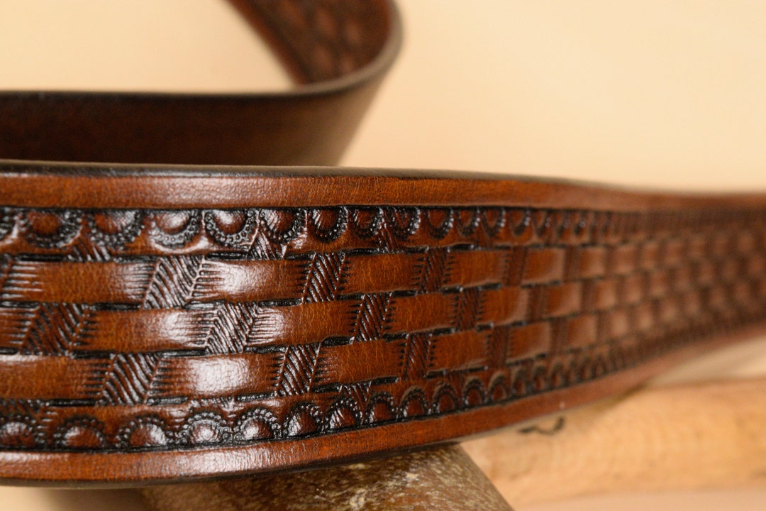 Hand Tooled Basketweave Leather Belt Medium Brown 36 Waist - Etsy