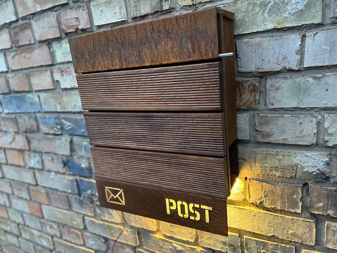 Corten / Weathering Steel Merbau Wood Wall Mount Personalized LED ...