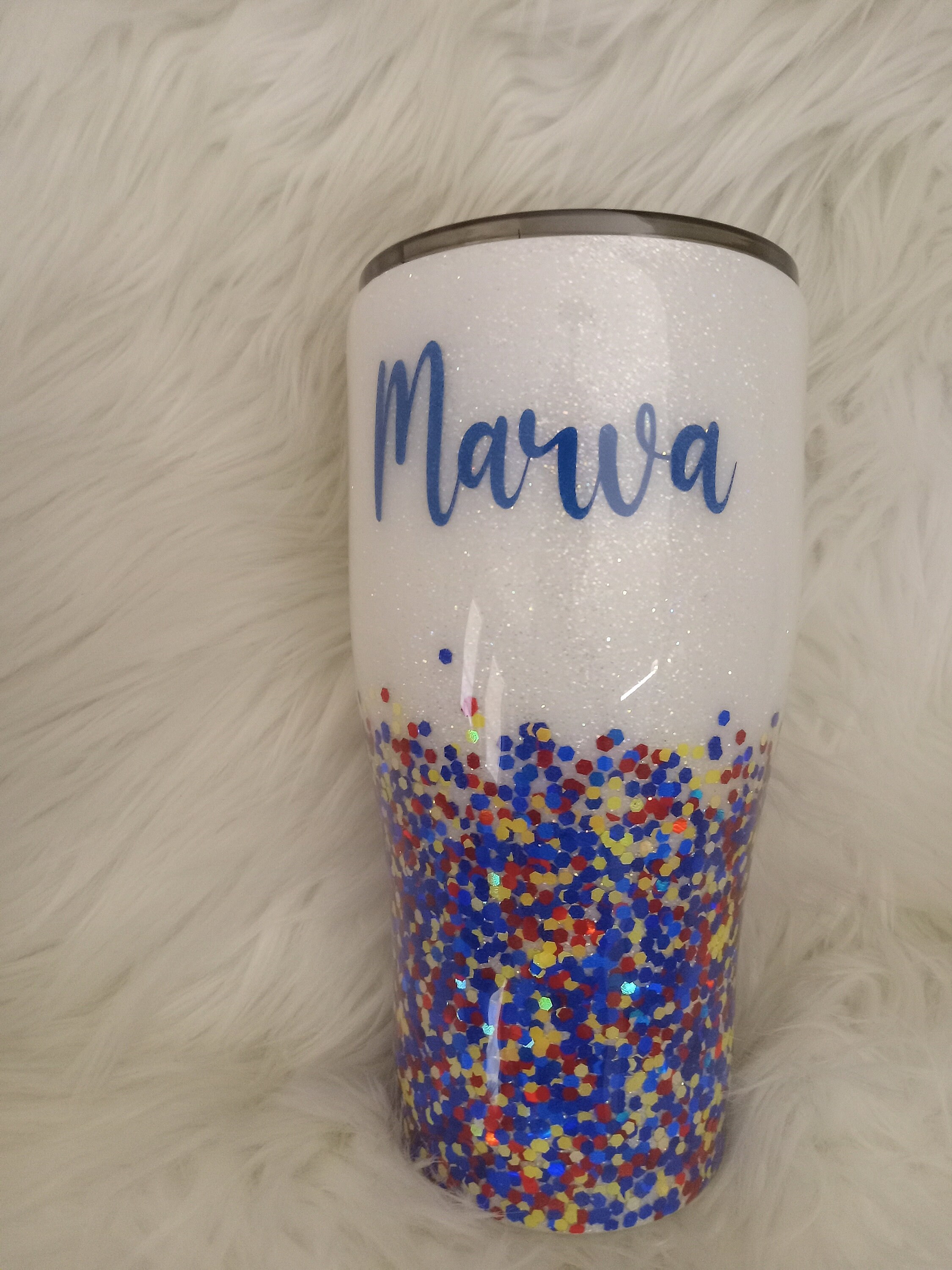 KU White Glitter With Blue Red Yellow Confetti Tumbler, Custom Rock ...