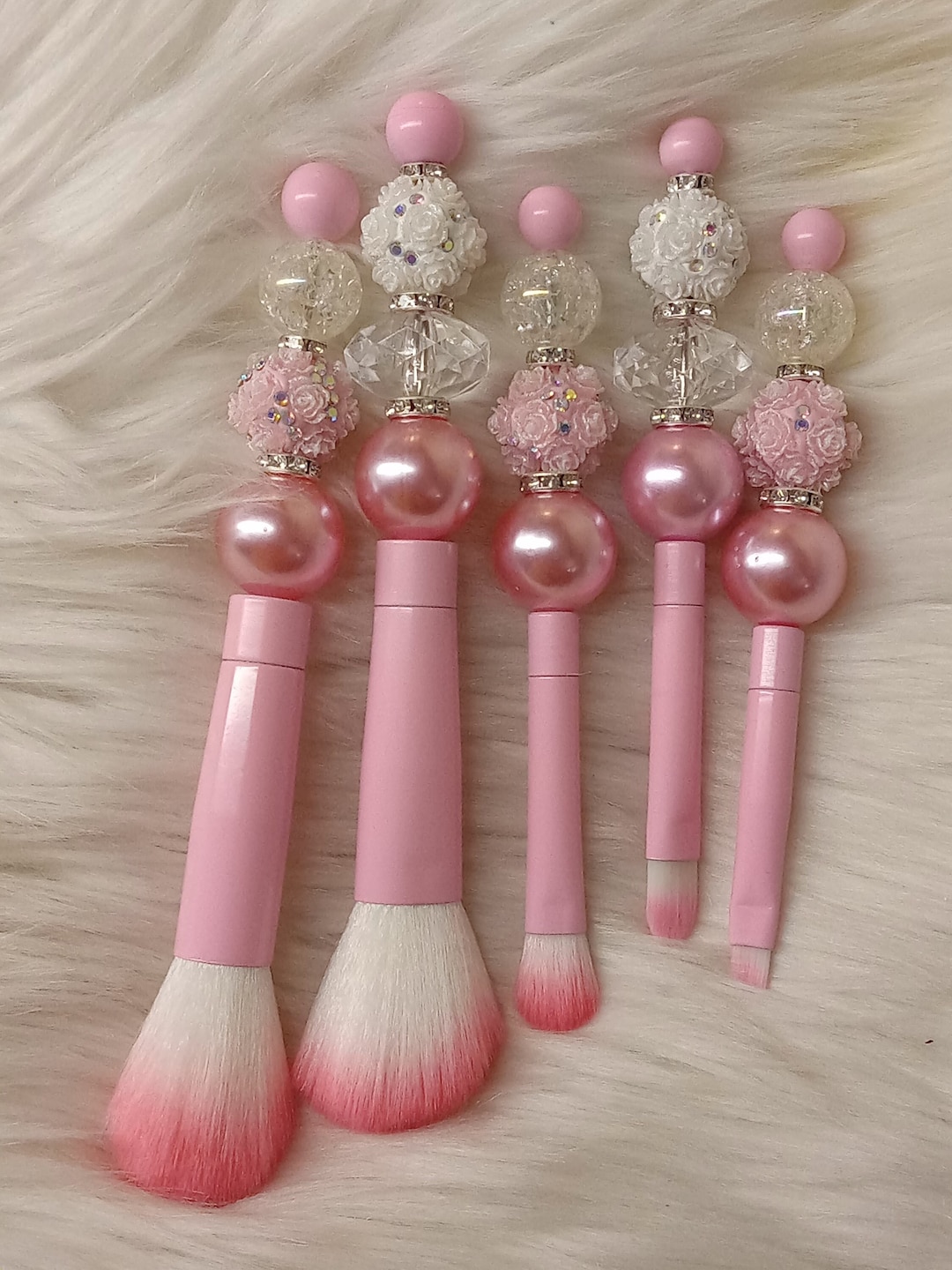 Custom Pink & White Bling Makeup Brush Set, 5-piece Custom Beaded Glam ...