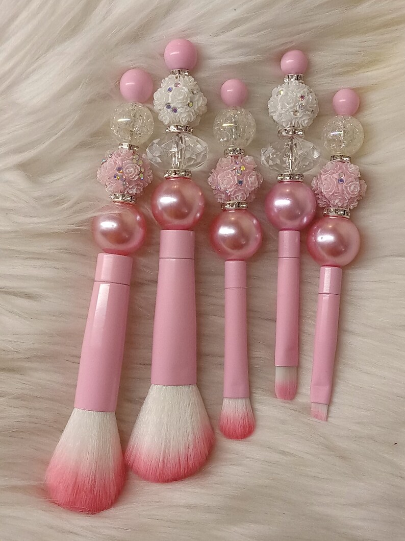 Custom Pink & White Bling Makeup Brush Set, 5-piece Custom Beaded Glam ...