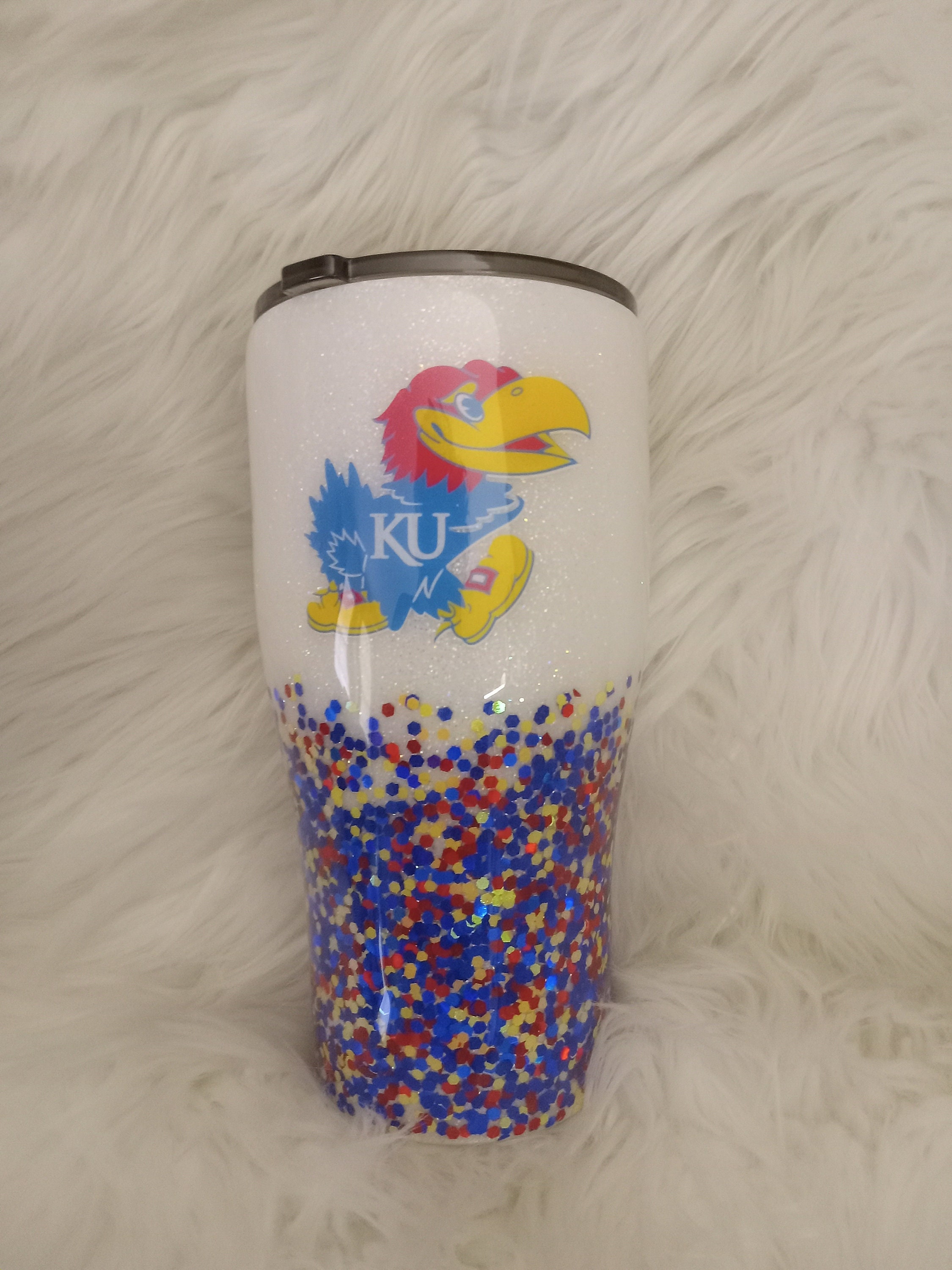 KU White Glitter With Blue Red Yellow Confetti Tumbler, Custom Rock ...