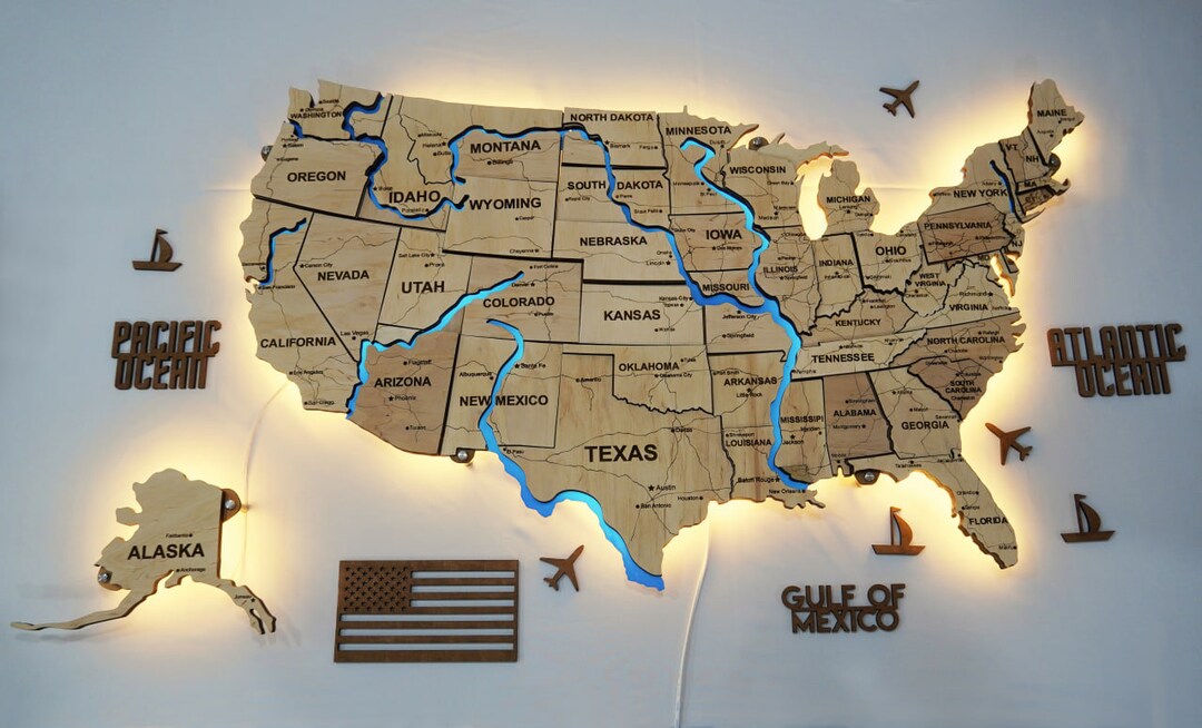 USA Acrylic Map With Rivers Wood World Map 3D Wall Decor - Etsy