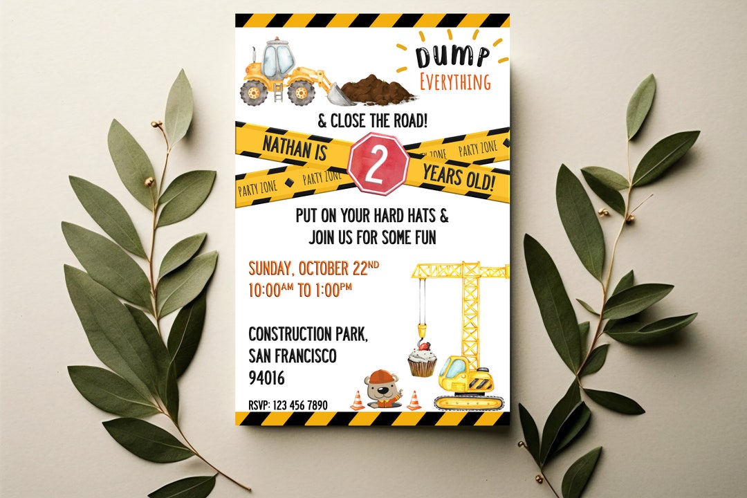 Construction Theme Birthday Invitation, Crane, Excavator, Dump Truck ...